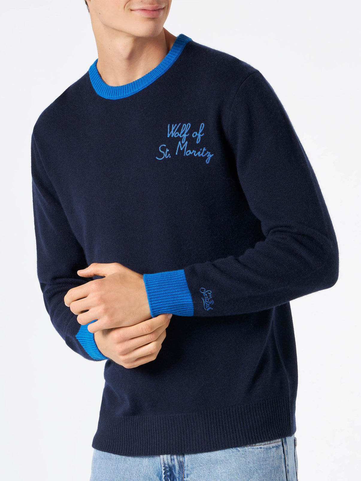 Man navy blue sweater with Wolf of St. Moritz embroidery – MC2 Saint Barth